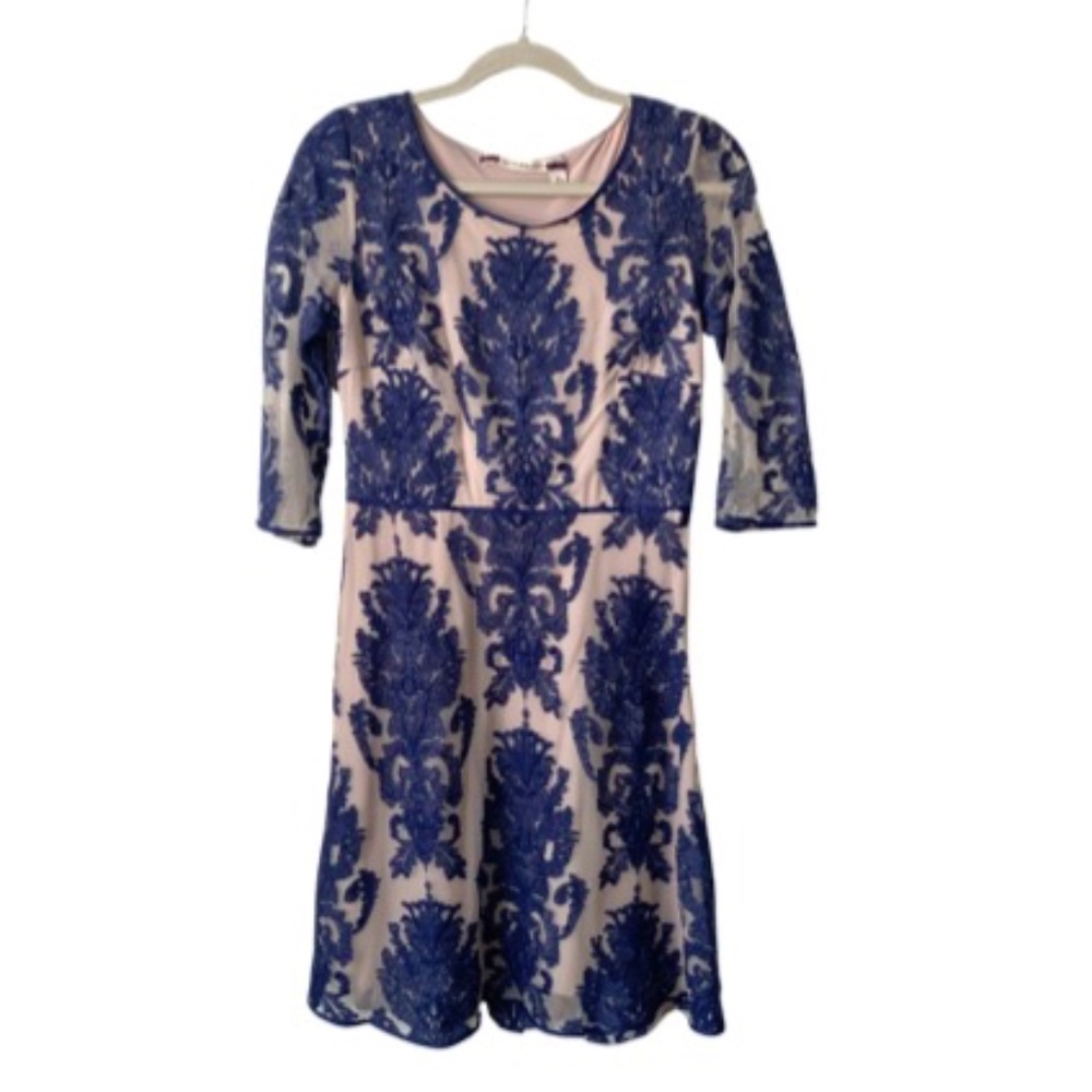 Chelsea & Violet Blue And Tan Floral Embroidered Dress - Gem